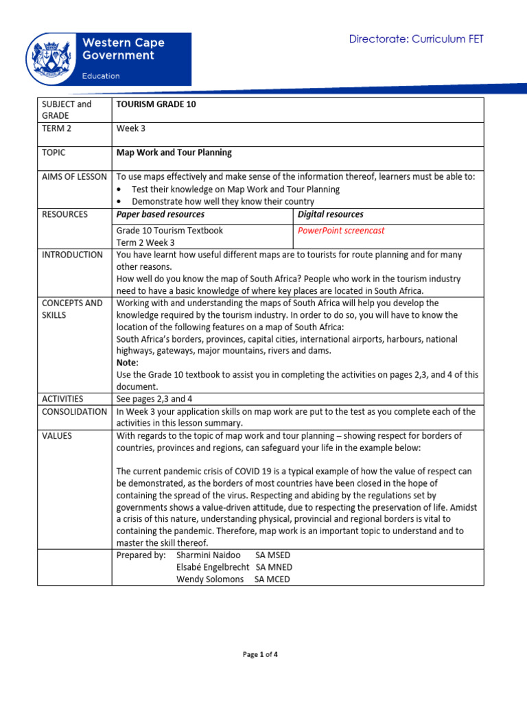 TOURISM GRD 10 Term 2 Week 3 Map Work and Tour Planning | PDF | Learning