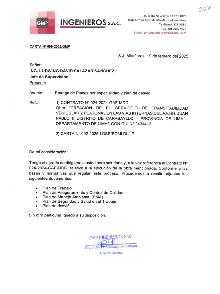 CARTA N°009-2025-GMP- ENTREGA DE PLANES | PDF