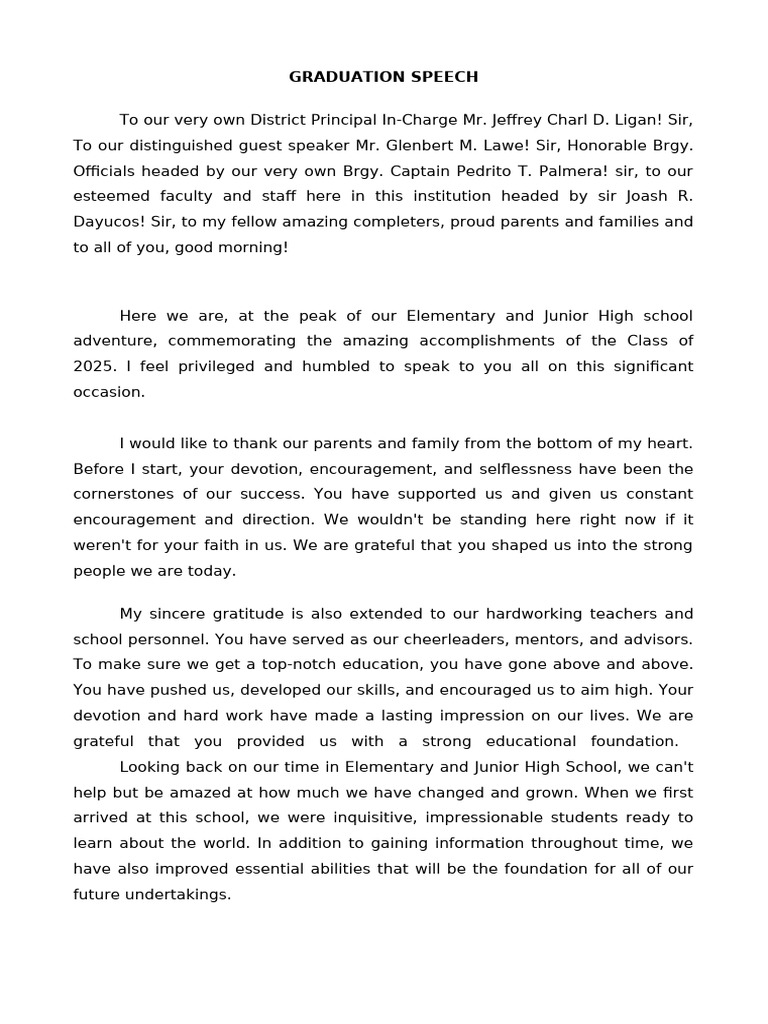 Kindergarten Graduation Speech 2025 | PDF