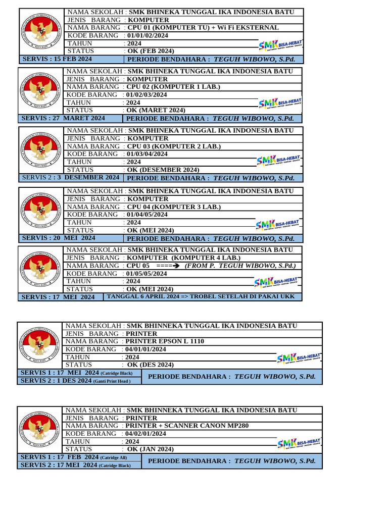 LABEL INVENTARIS KOMPUTER SMK BHINNEKA TUNGGAL IKA - REV PRINT | PDF