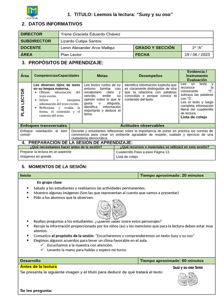19-06 PLAN LECTOR Susi y Su Oso | PDF | Psicolingüística | Educación en ...