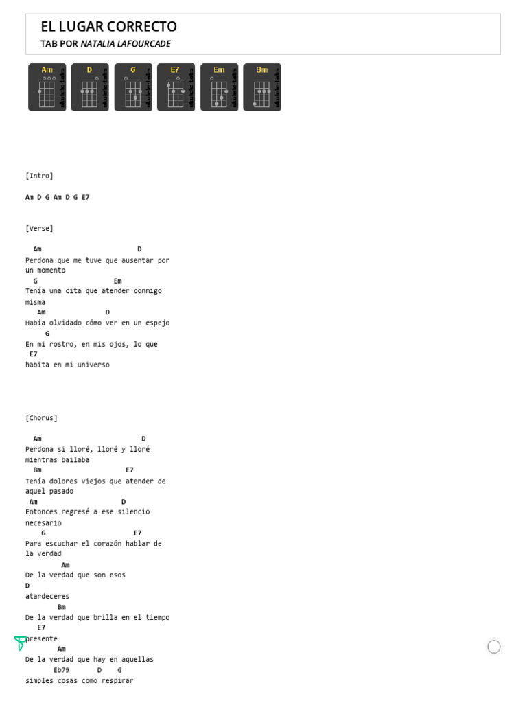 El Lugar Correcto Tab Por Natalia Lafourcade - Ukulele Tabs | PDF