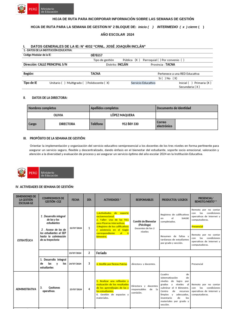 Hoja de Ruta para Incorporar Información Sobre Las Semanas de Gestión 2024 | PDF | Enseñando ...