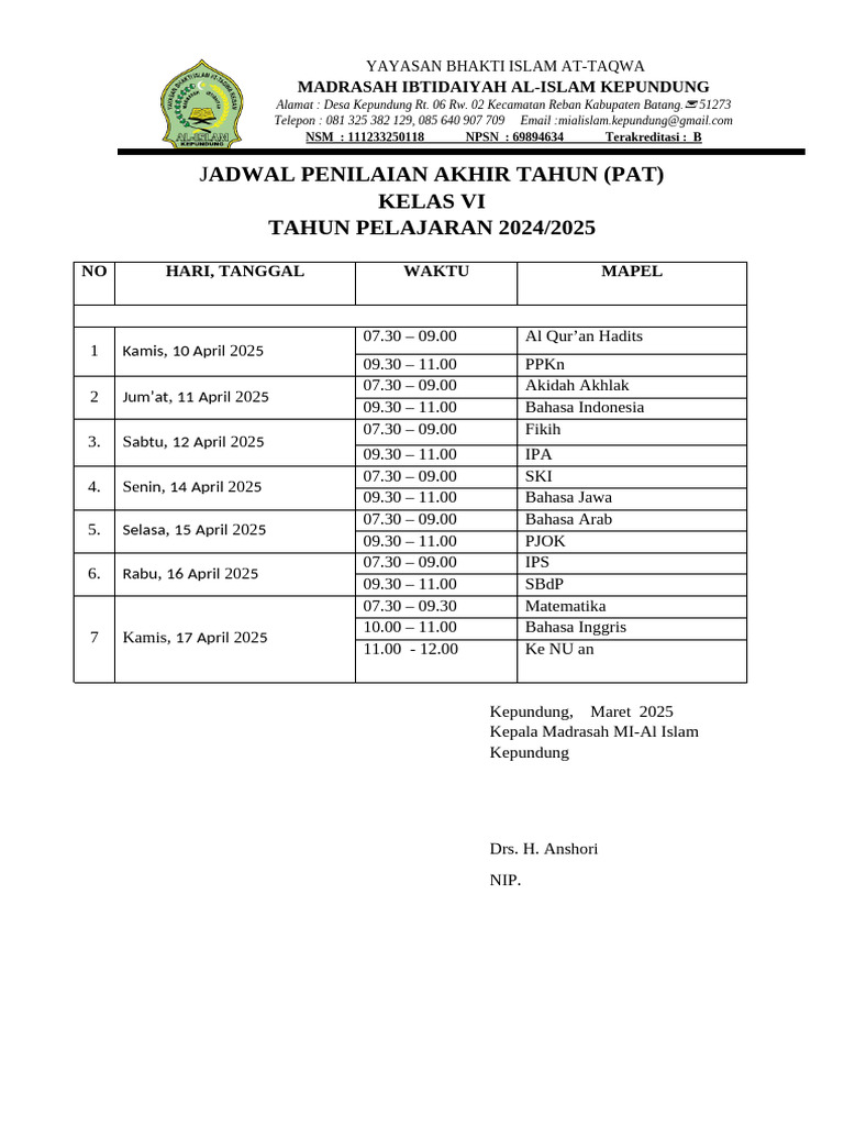 Jadwal PAT Kelas 6 2024-2025 | PDF