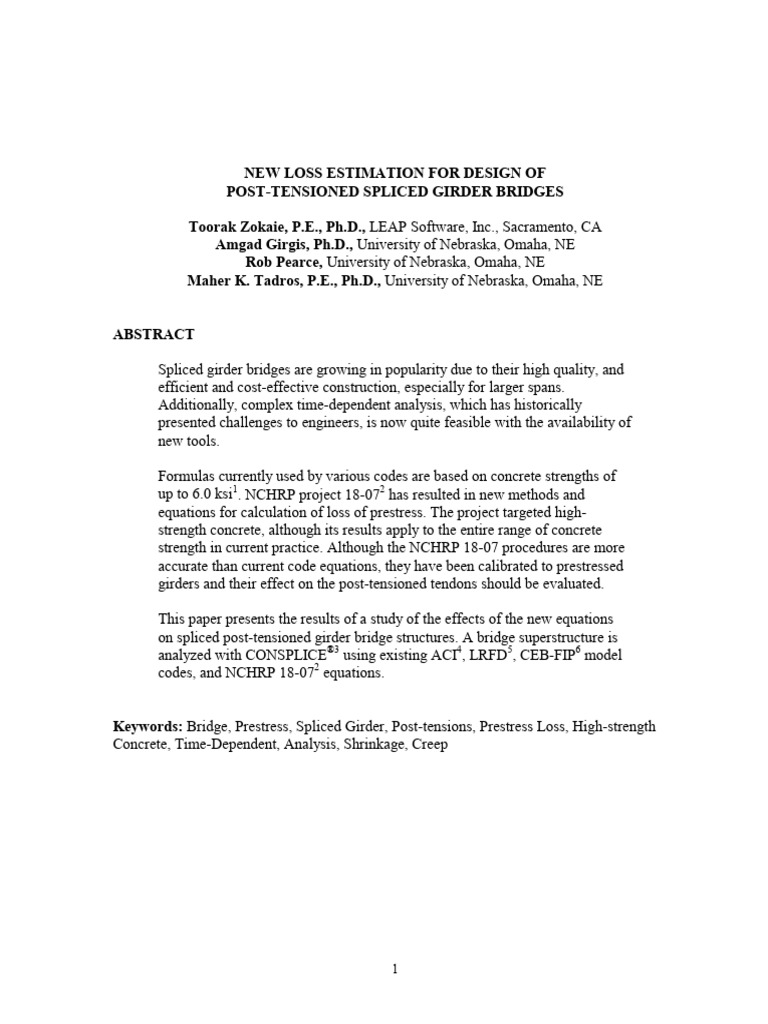 New Loss Estimation For Design of Post Tensioned Spliced Girder Bridges ...