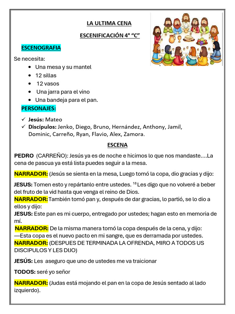 Escenificación de La Última Cena | PDF | Jesús | San Pedro