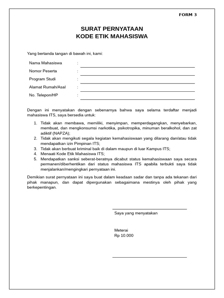 Surat Pernyataan Kode Etik Mahasiswa | PDF