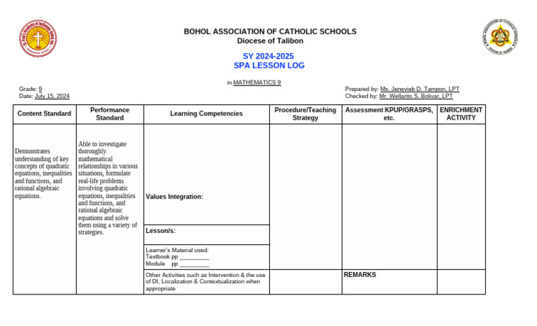 Lesson Log 2024 | PDF