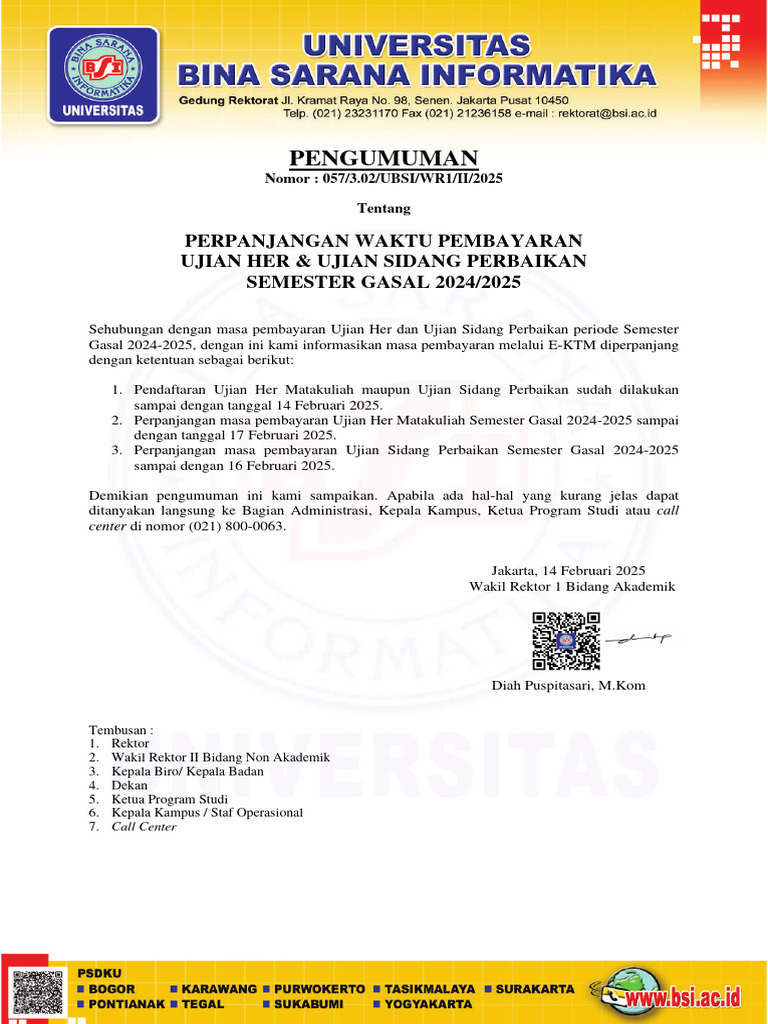 Pengumuman Perpanjangan Masa Pembayaran Ujian Her & Ujian Perbaikan Gasal 2024-2025 Ok | PDF