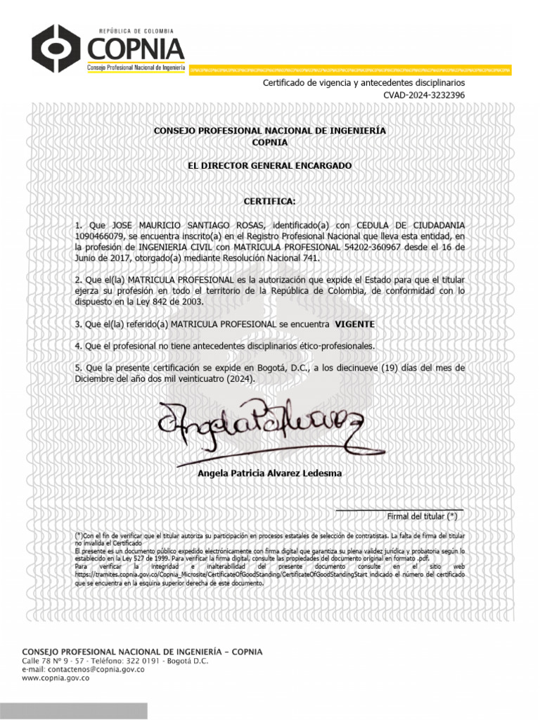 Certificado de Vigencia y Antecedentes Disciplinarios | PDF