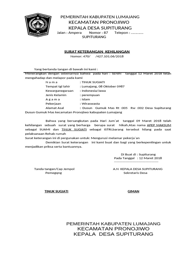 Surat Keterangan Kehilangan Supiturang | PDF