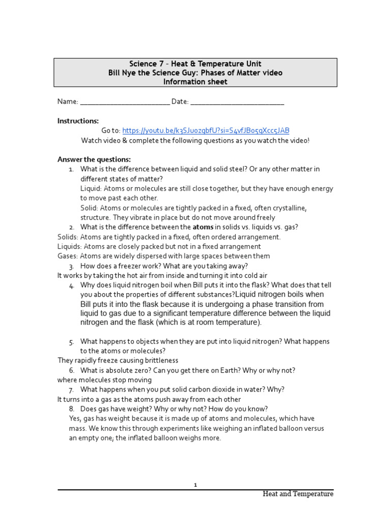 Bill Nye Phases of Matter Worksheet | PDF