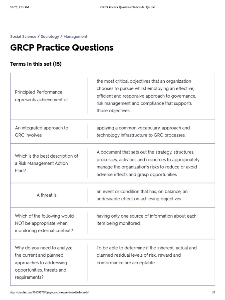GRCP Practice Questions Flashcards - Quizlet | PDF | Business