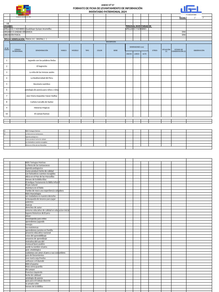ANEXO N° 07 - FICHA DE LEVANTAMIENTO DE INFORMACIÓN - BIENES MUEBLES II.EE. (1) | PDF