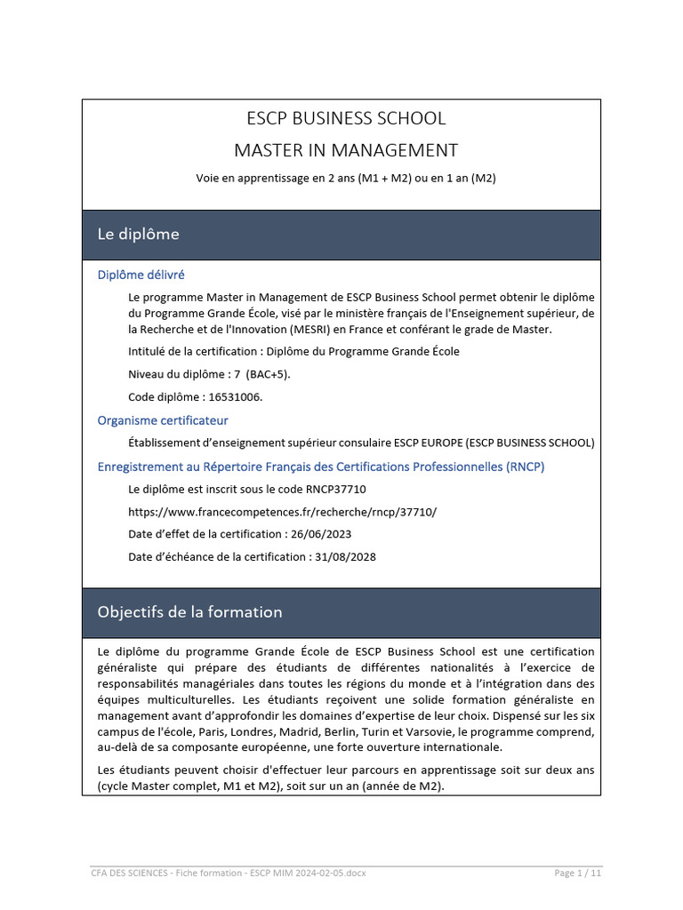 Fiche Formation - ESCP MIM 2024-02-05 | PDF | Business | Économie