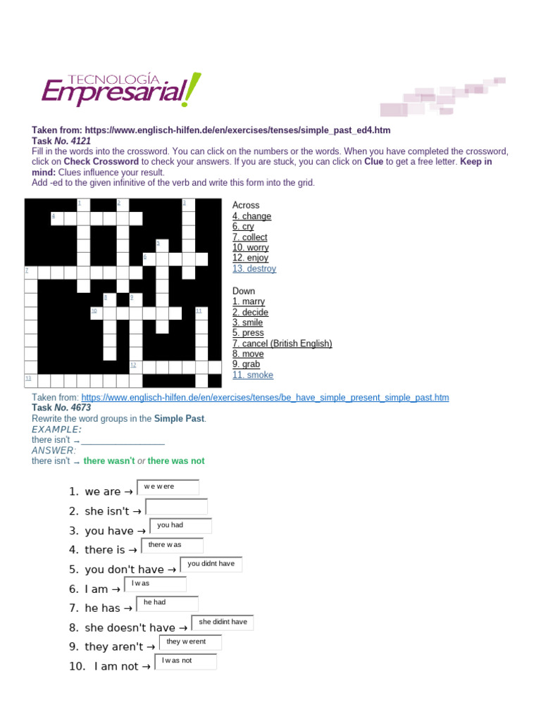 Mbcascon - Workshop 2 Unit 3 Simple Past Tense | PDF | Crossword | Linguistics