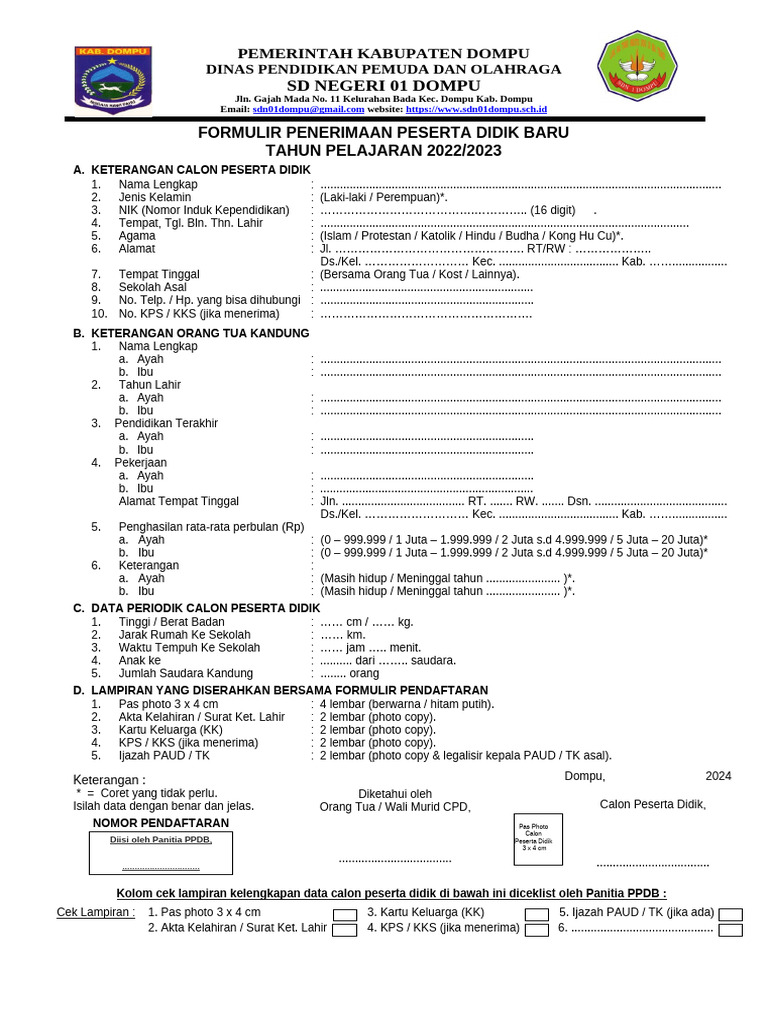 FORMULIR PENDAFTARAN SISWA BARU 2022 | PDF