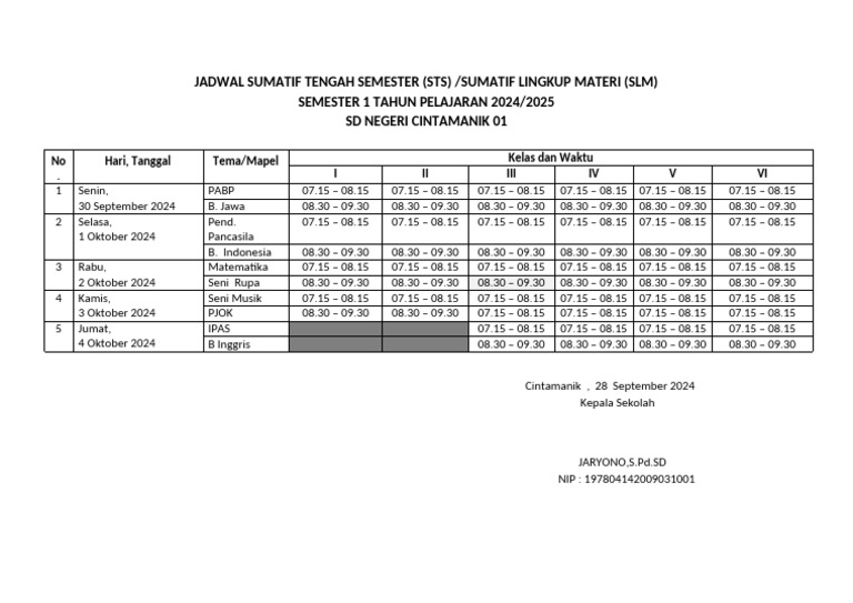 Jadwal STS - Ta 2024-2025 | PDF