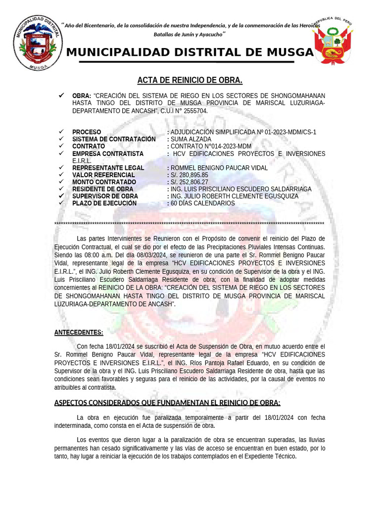 Acta de Reinicio de Obra | PDF