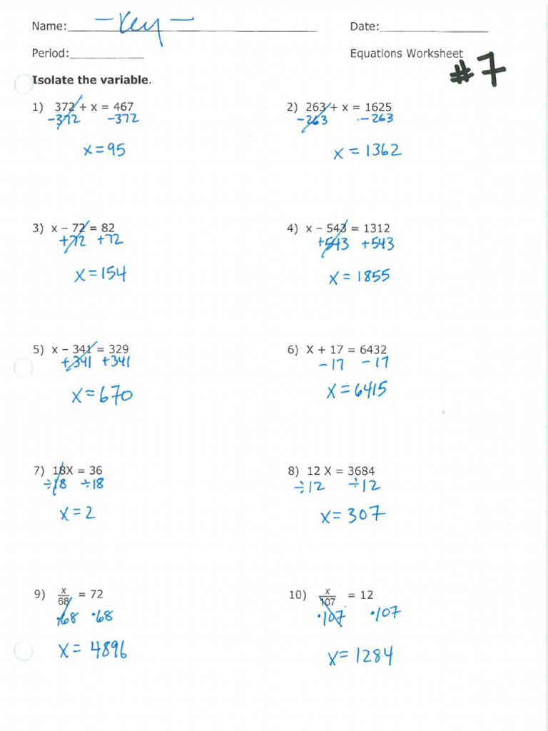 4.10 Equations Practice Key | PDF