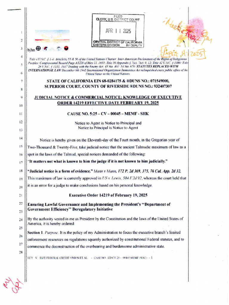 Judicial Notice & Commercial Notice Knowledge of Executive Order 14219 ...