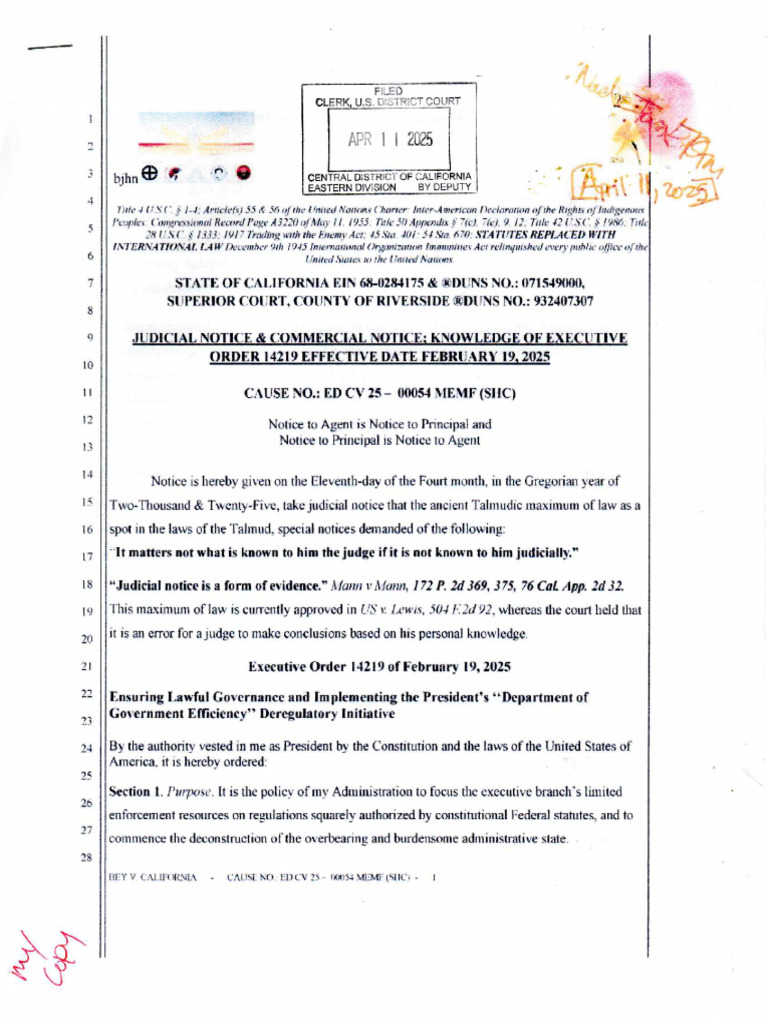 Judicial Notice & Commercial Notice Knowledge of Executive Order 14219 ...