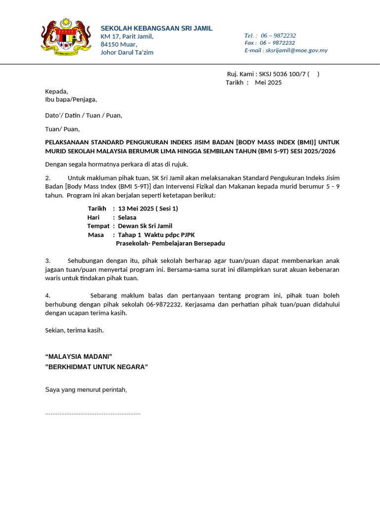 SURAT MAKLUMAN Bmi Sesi 1 2025 | PDF