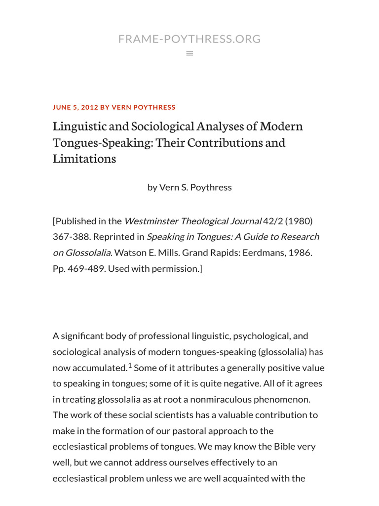 Linguistic and Sociological Analyses of Modern Tongues-Speaking: Their ...