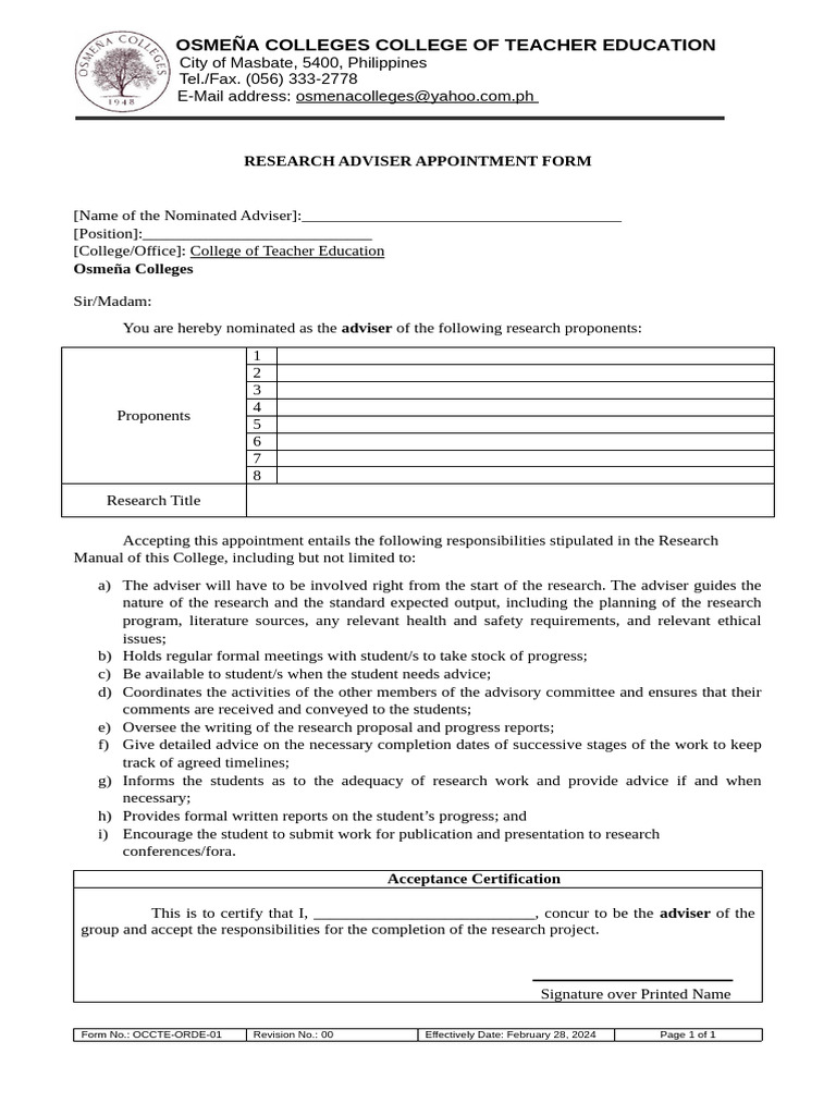 Research Adviser Acceptance Form | PDF