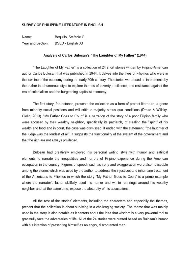 Analysis of Carlos Bulosan's "The Laughter of My Father" | PDF