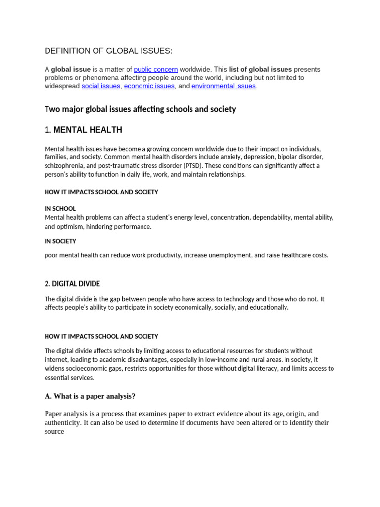 Defining Global Issues and Their Impact | PDF | Mental Disorder ...