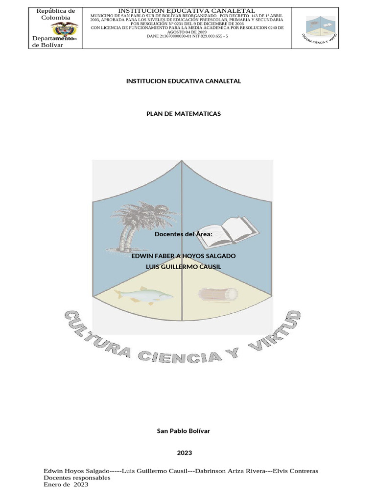Plan de Matemáticas IE Canaletal 2023 | PDF | Educación de la primera ...