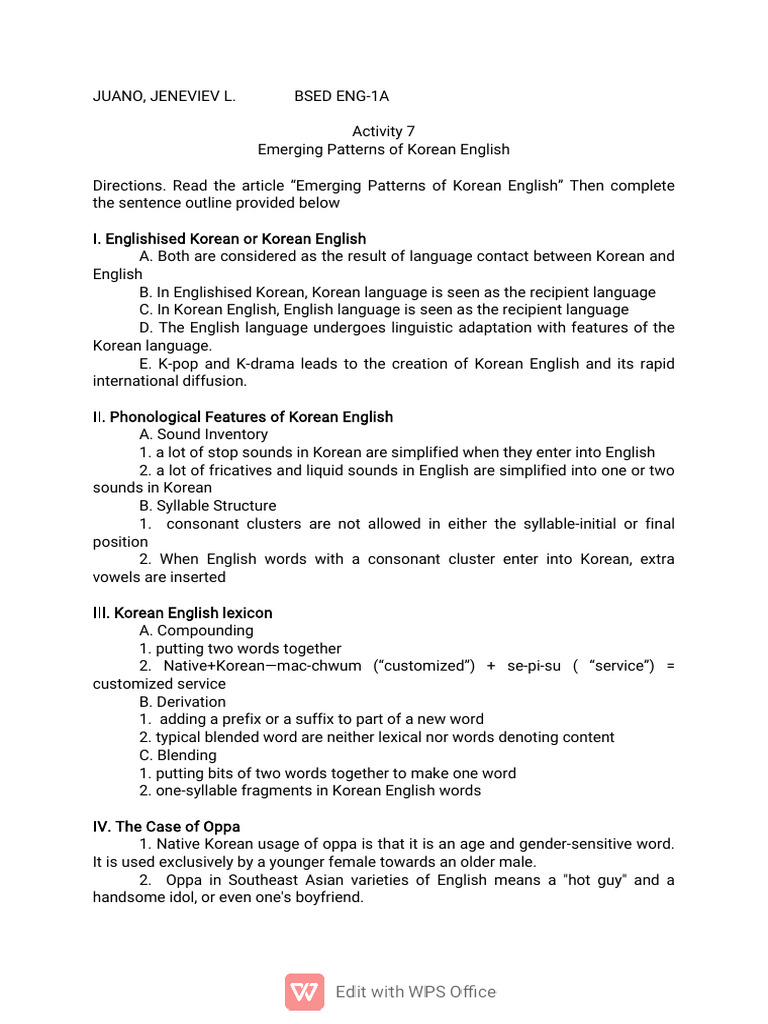 Activity7 EmergingPatternsofKoreanEnglish | PDF | English Language | Korean Language