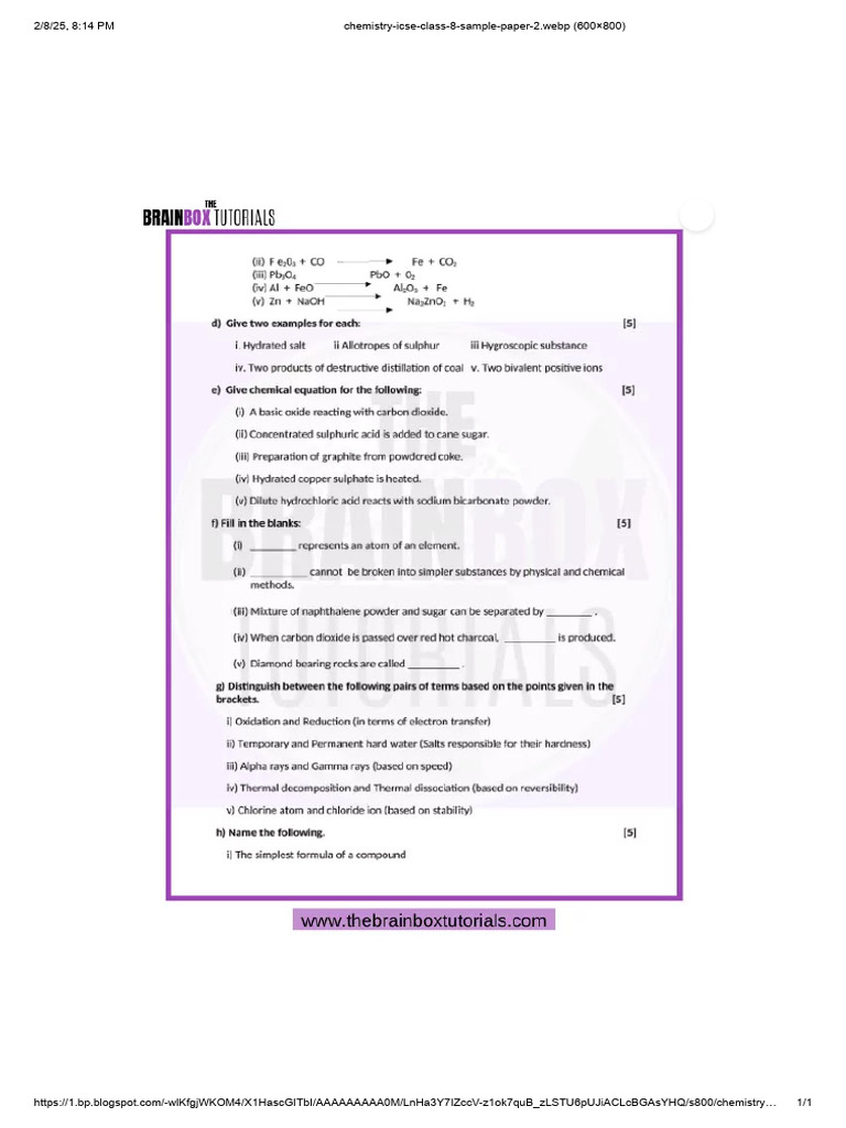 Chemistry Icse Class 8 Sample Paper 2 | PDF