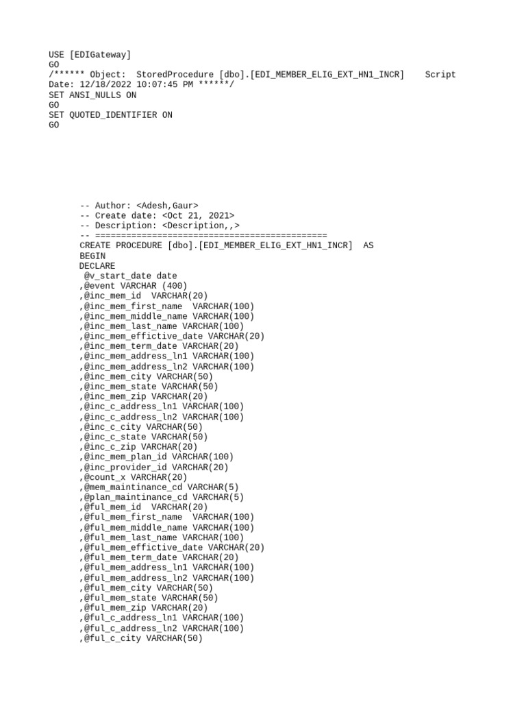 Dbo.edi Member Elig Ext Hn1 Incr.storedprocedure | PDF | Databases | Sql