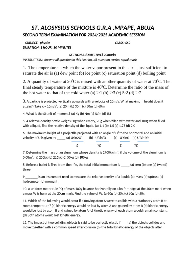 SS2 Physics Questions Second Term | PDF | Heat | Heat Transfer