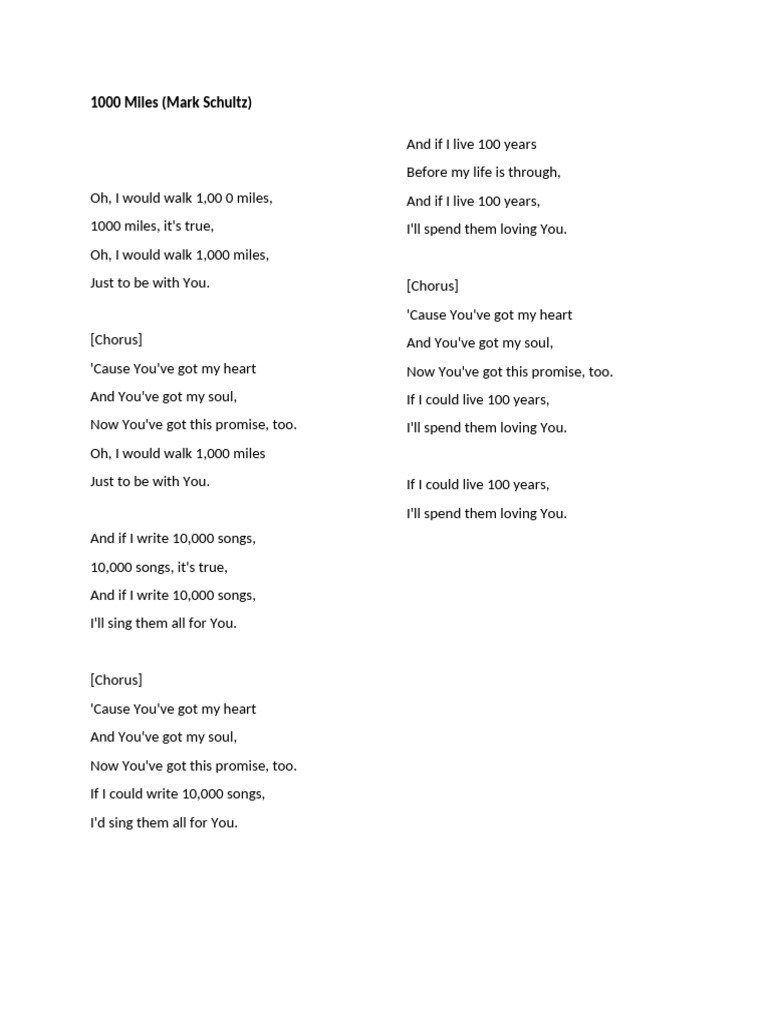 1000 Miles Lyrics by Mark Schultz | PDF