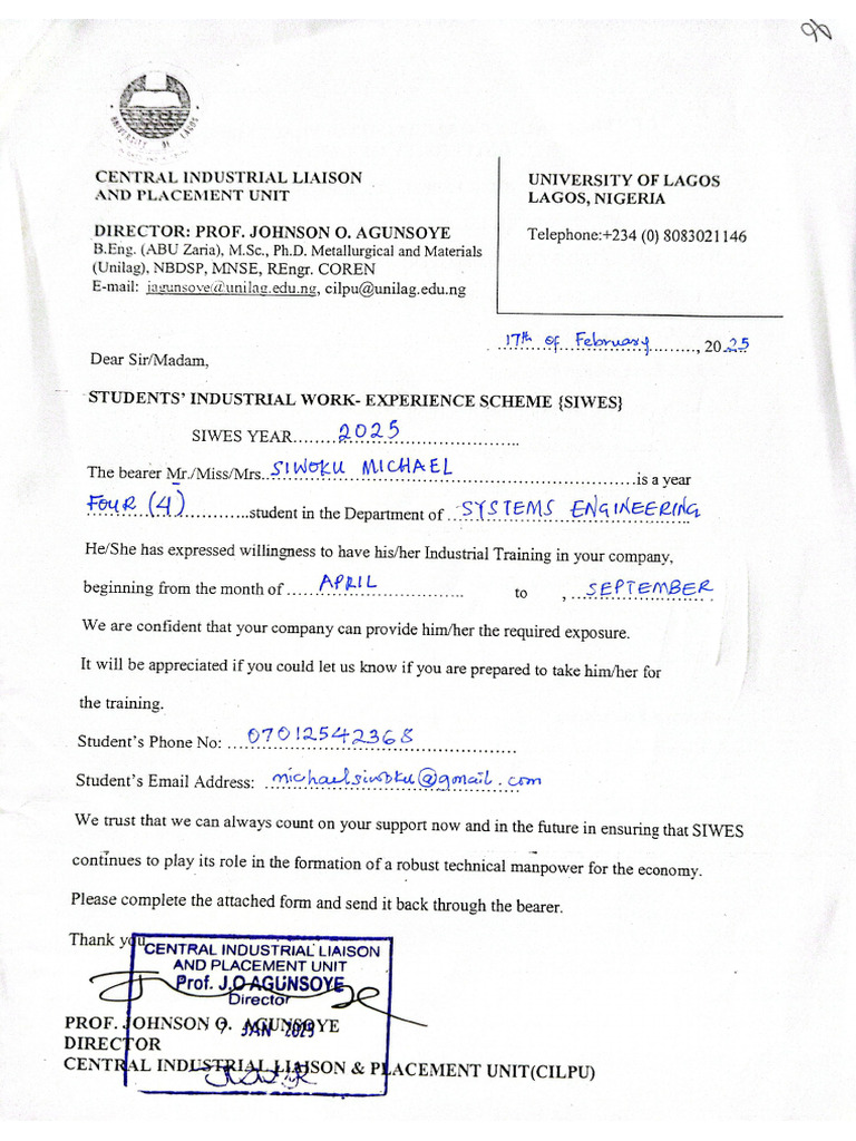 Siwoku Michael SIWES Letter | PDF