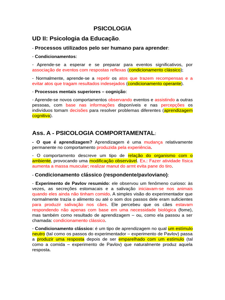 PSICOLOGIA | PDF | Condicionamento clássico | Aprendizado