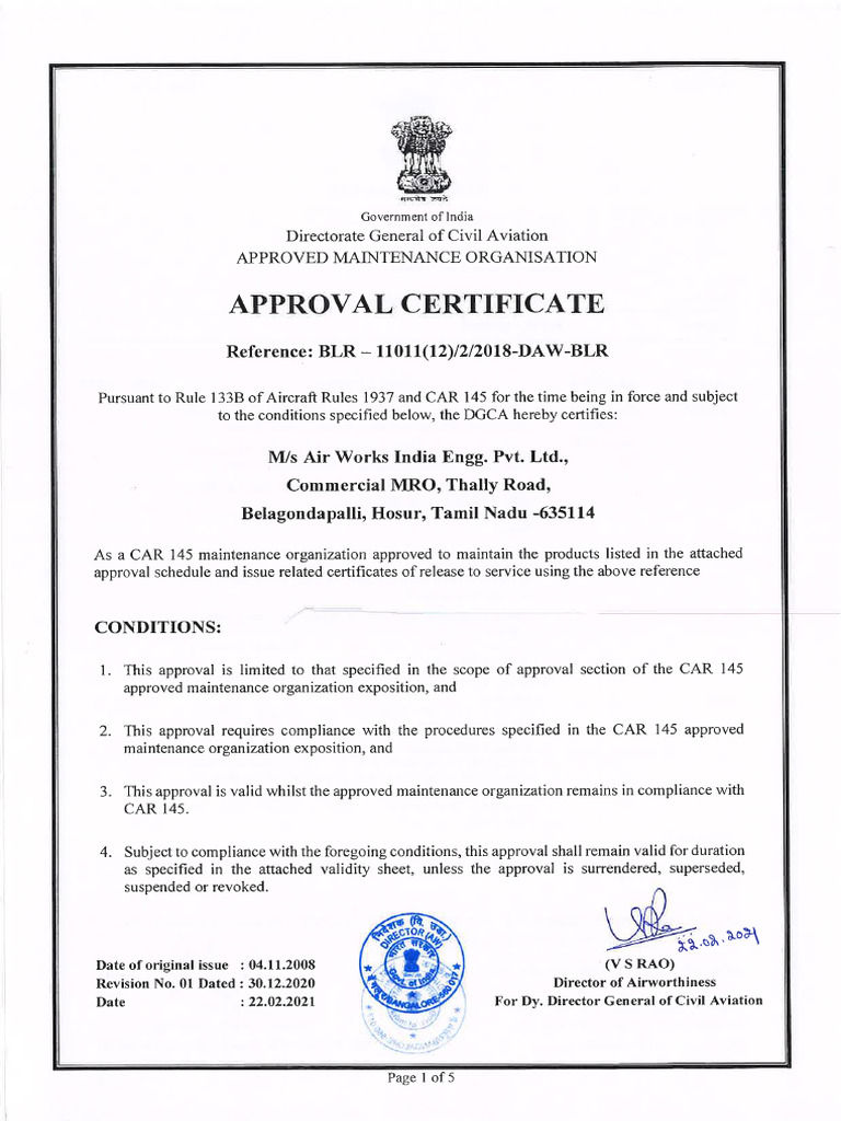 Airworks - Dgca-Car-145-Approval-Certificate-Rev-19 | PDF