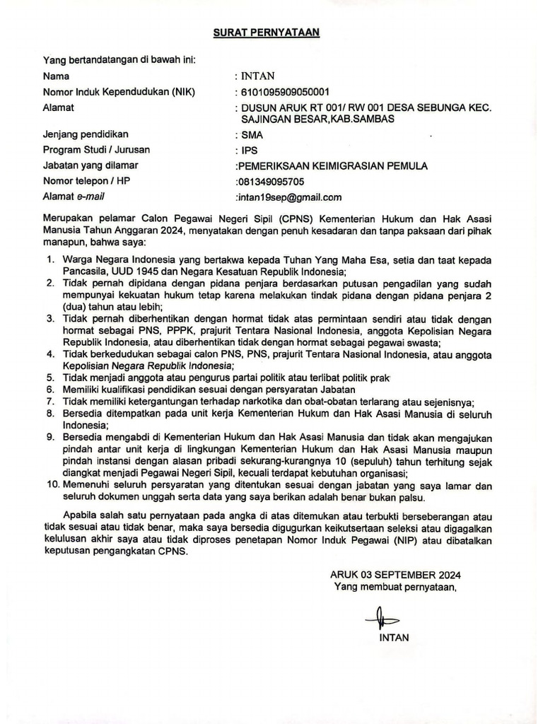 Surat Pernyataan Intan | PDF