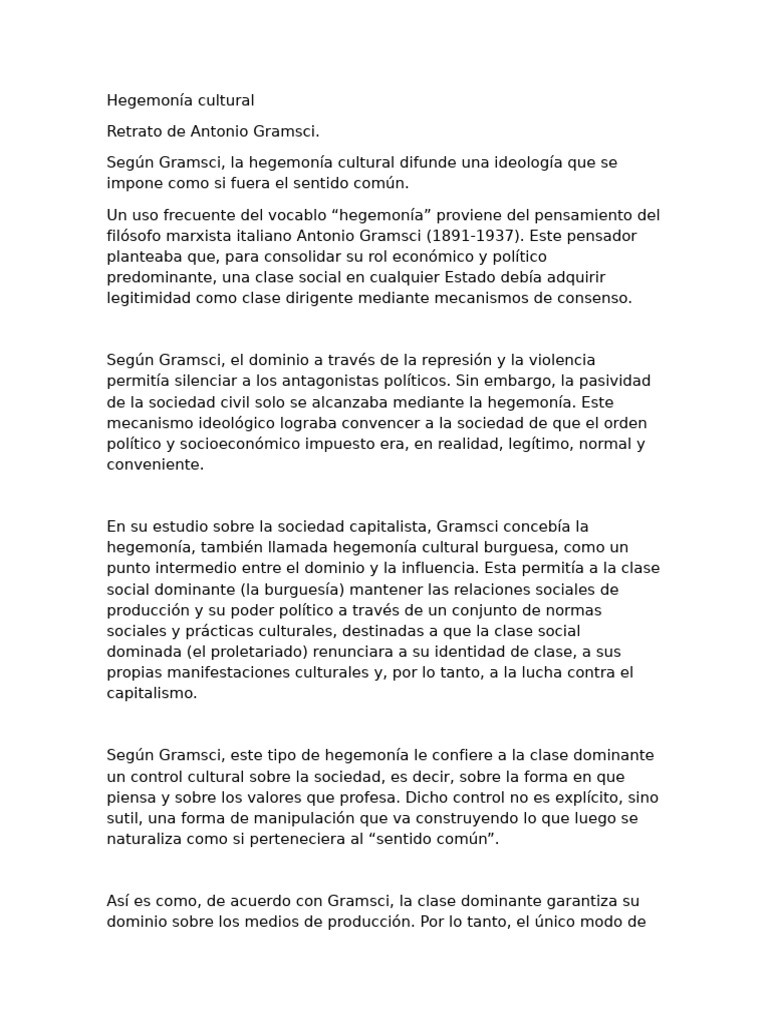 Hegemonía Cultural según Gramsci | PDF