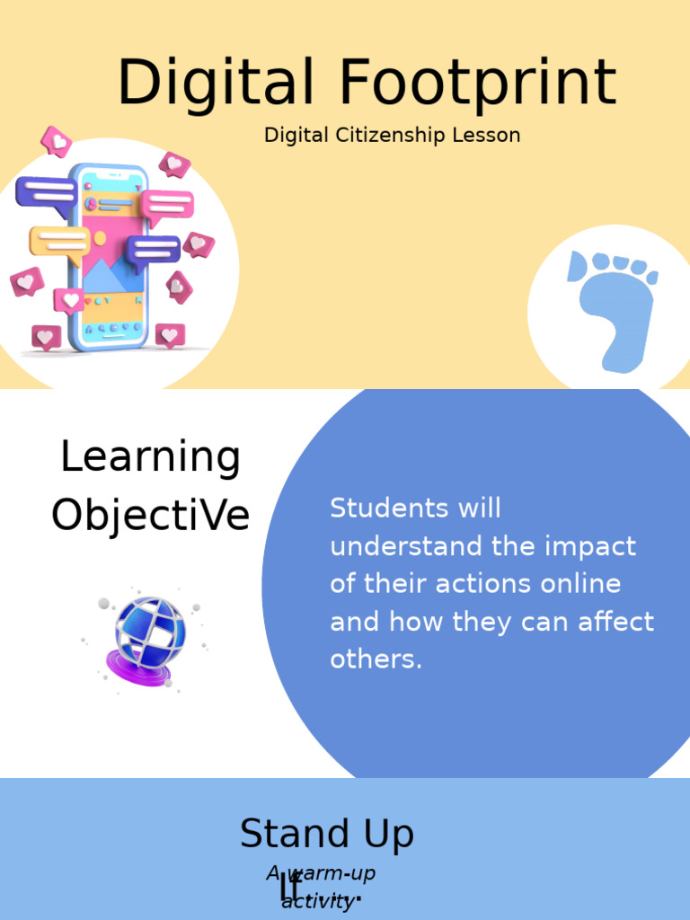Yellow 3D Digital Footprint Digital Citizenship Lesson Presentation | PDF