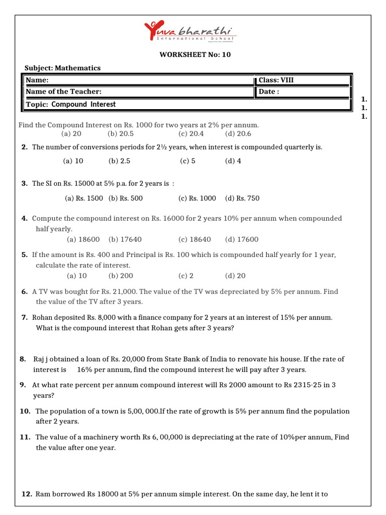 GIDB7064836-Class 8 Chapter 10. Compound Interest Worksheet | PDF ...