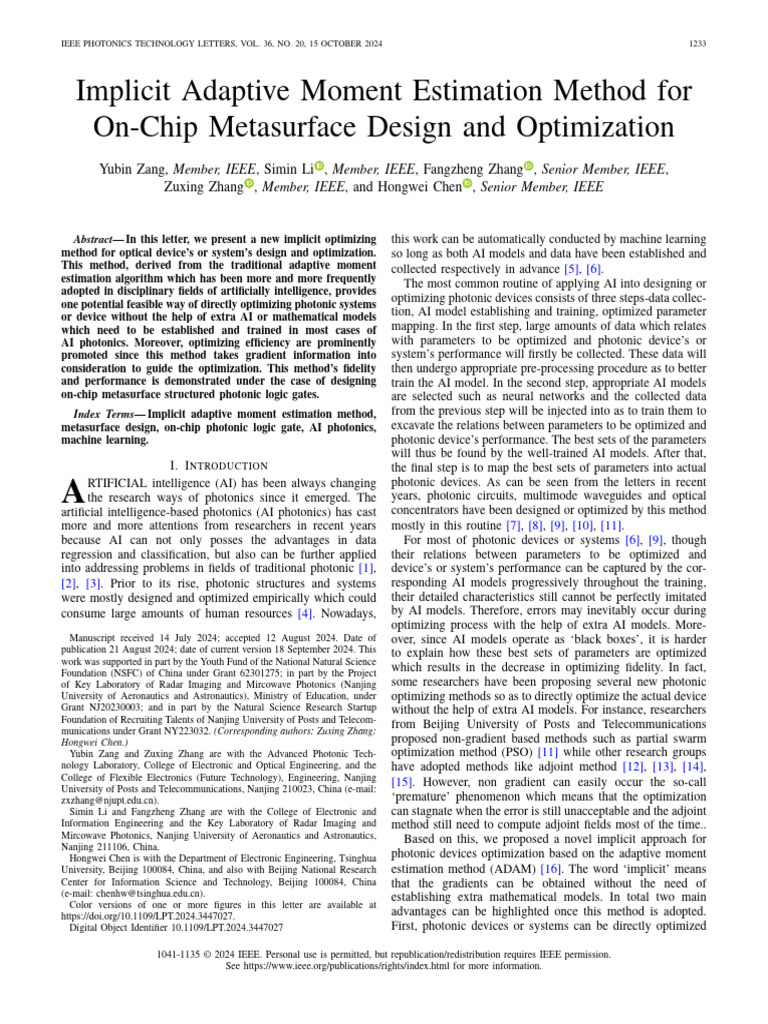 Implicit Adaptive Moment Estimation Method For On-Chip Metasurface Design and Optimization | PDF ...