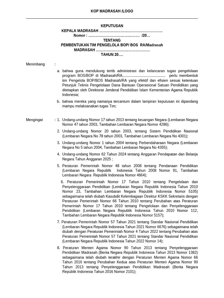 Sk Tim Bos Madrasah Tahun 2025 | PDF