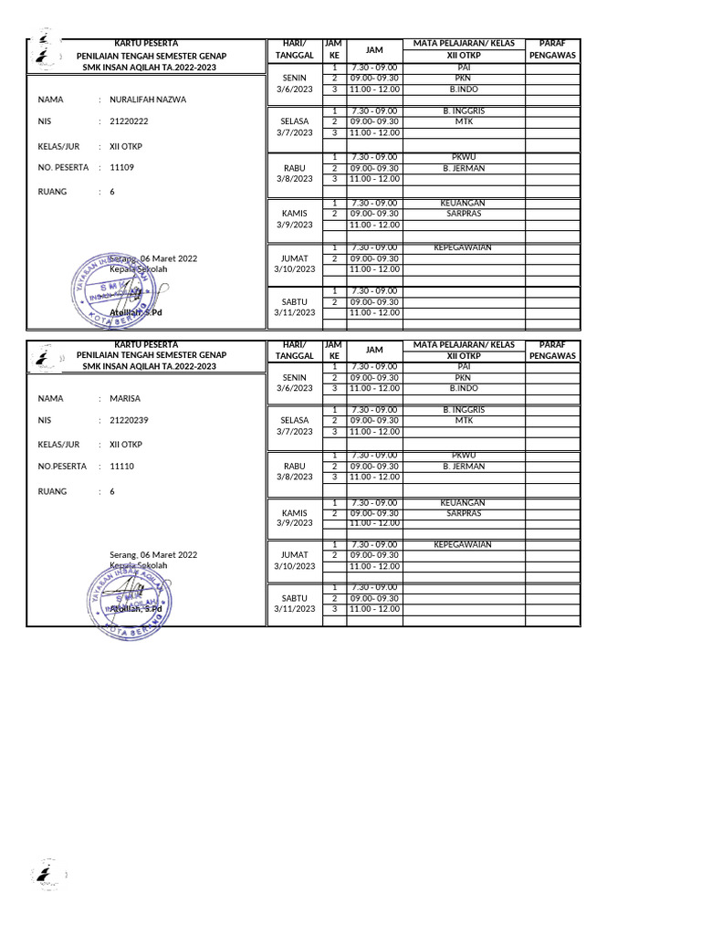 KARTU PTS GANJIL 2024 Fix Banget | PDF