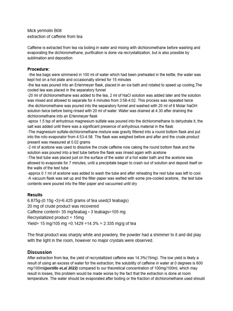 Lab 8, Caffeine Extraction Report | PDF | Water | Solubility