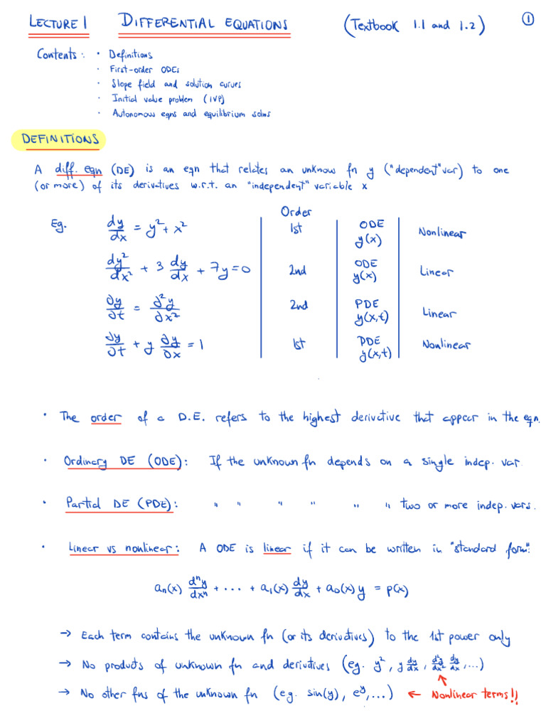 Differential Equations Lecture Notes | PDF | Ordinary Differential ...