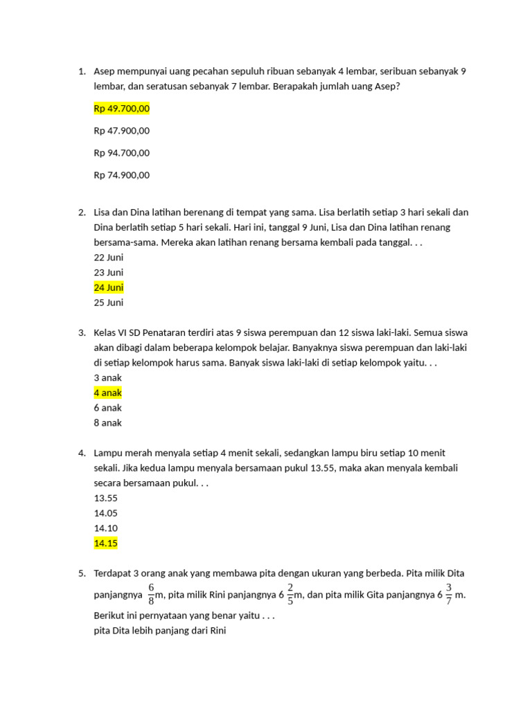 Soal MTK Kelas 5 | PDF